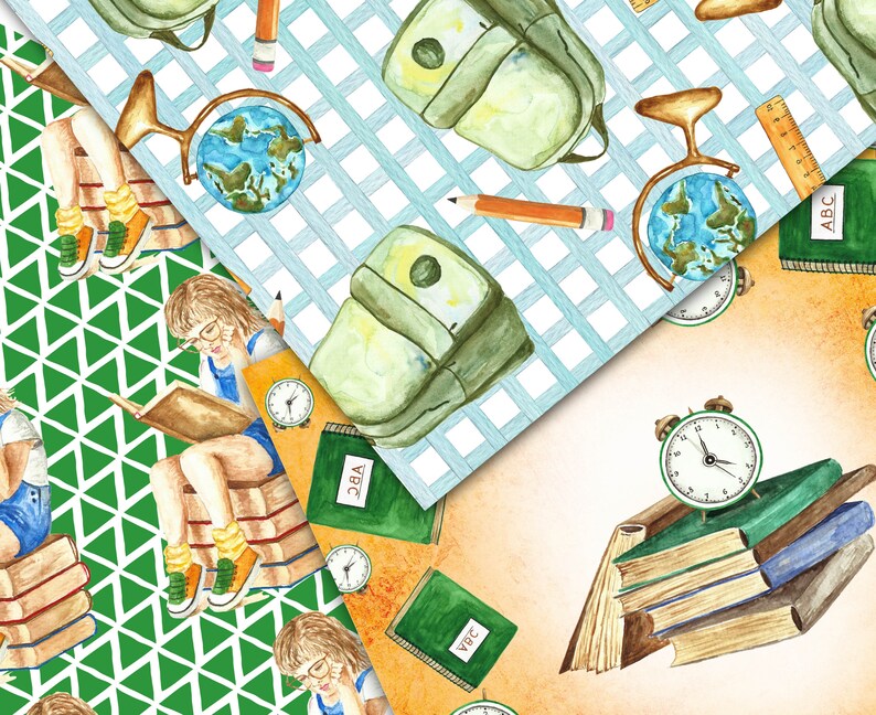 School paper pack. Books digital paper hand painted. School | Etsy