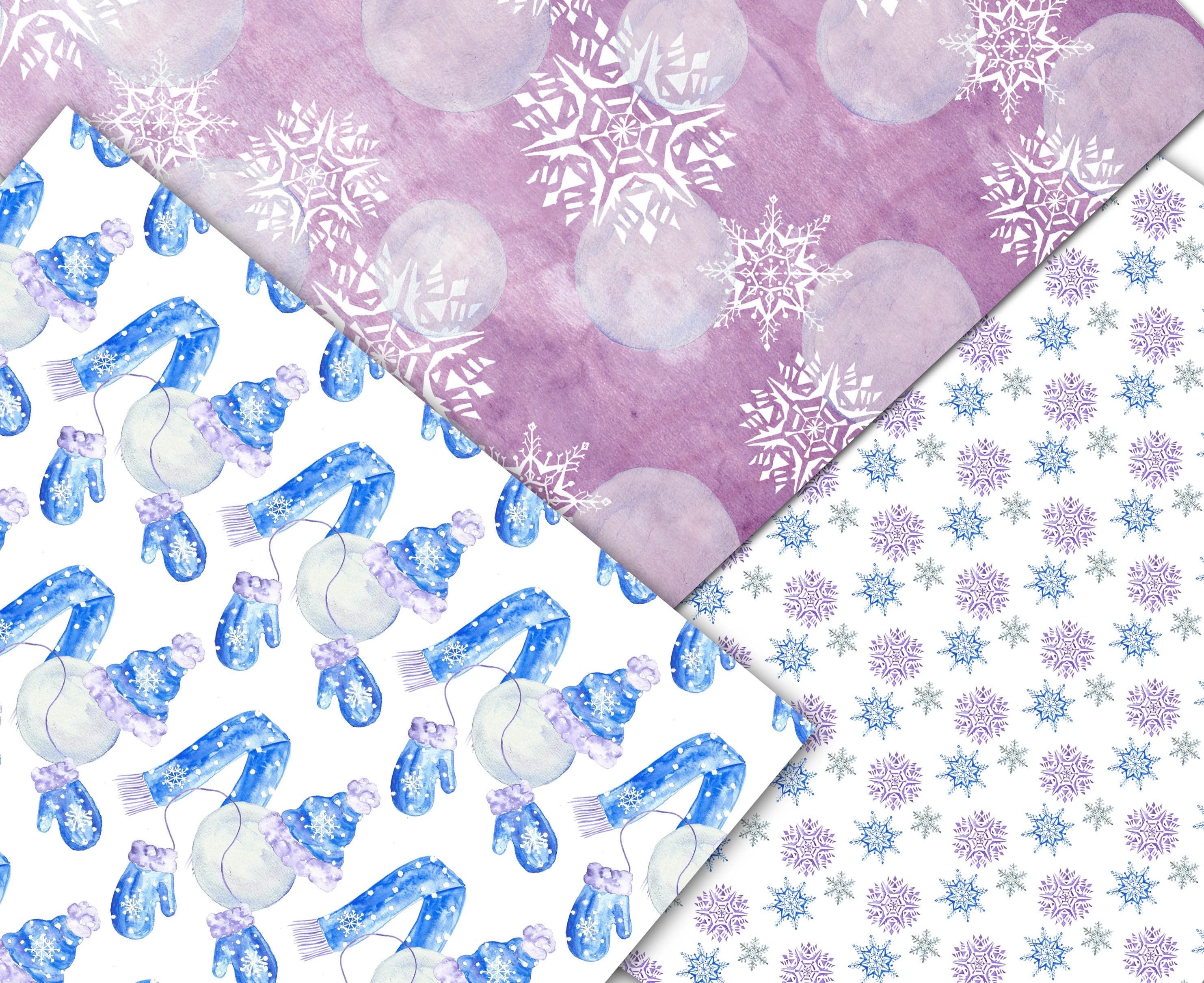 Winter Fun Paper Pack. Seasonal Background Blue Purple. Watercolor ...