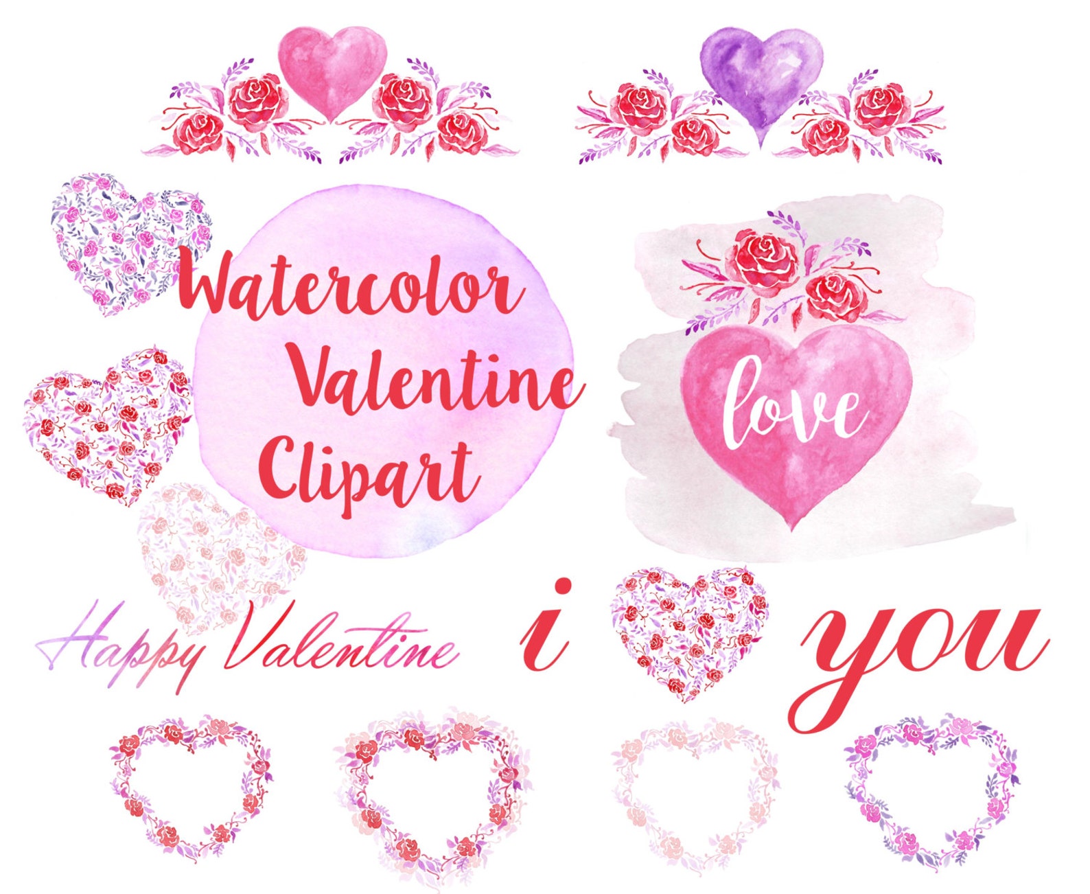 Watercolor Valentine's Clipart. Hearts Clipart Love - Etsy