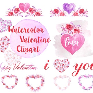 Watercolor Valentine's Clipart. Hearts Clipart, Love Clipart, Red, Pink ...