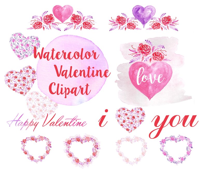 Watercolor Valentine's Clipart. Hearts Clipart Love - Etsy