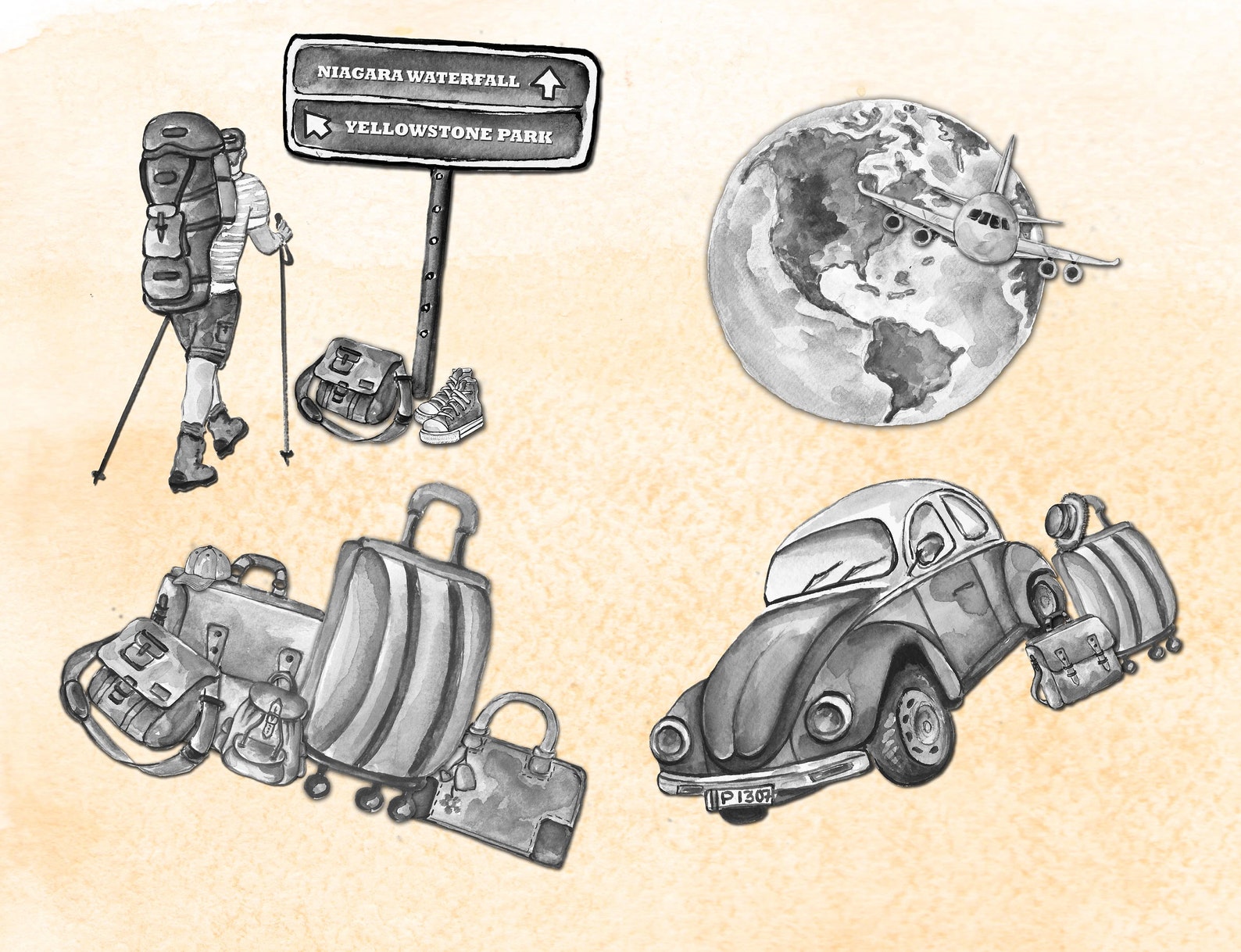 Travel Clip Art Black and White. Travel the World Illustration. Trip ...