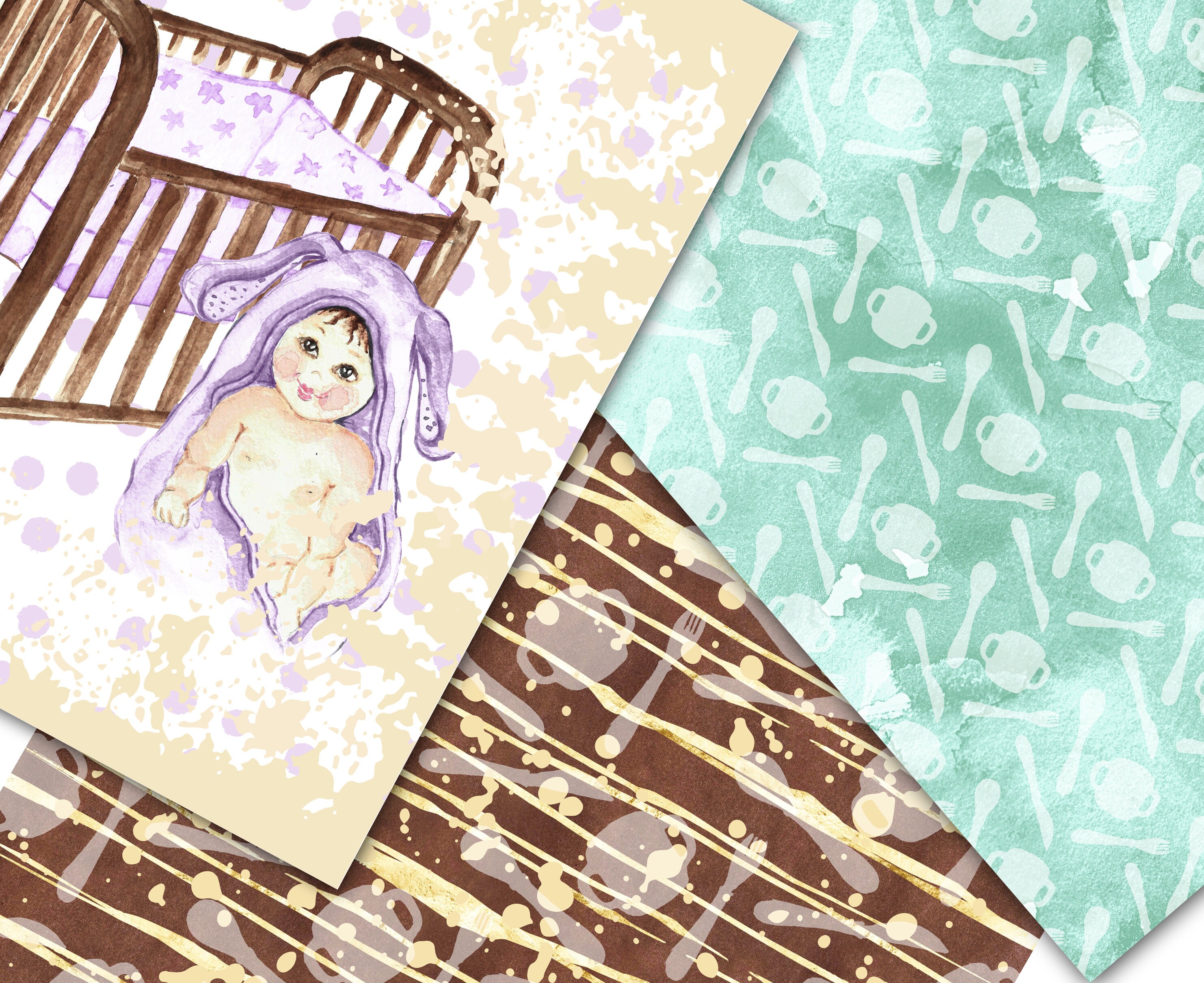 Baby Shower Paper Pack. Nursery Background. Baby Paper Purple Green ...