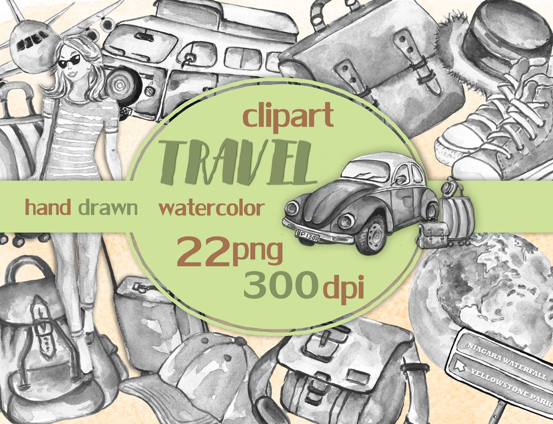 Travel Clip Art Black and White. Travel the World Illustration. Trip ...