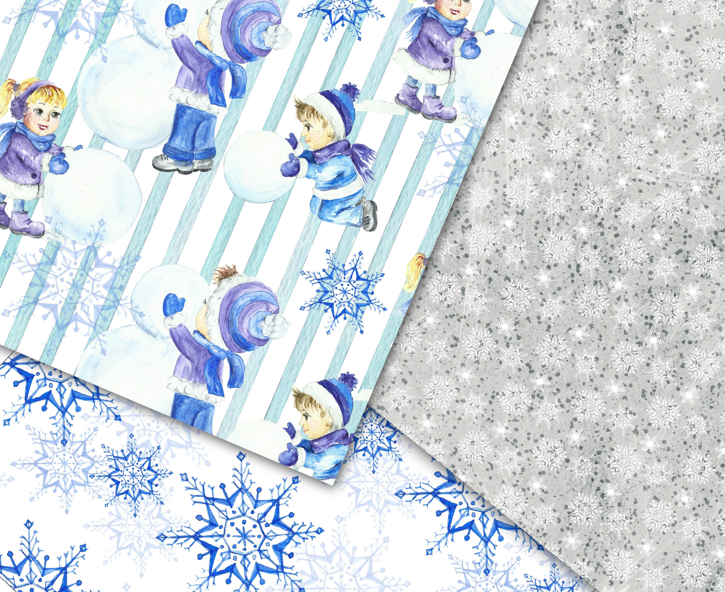 Winter Fun Paper Pack. Seasonal Background Blue Purple. Watercolor ...