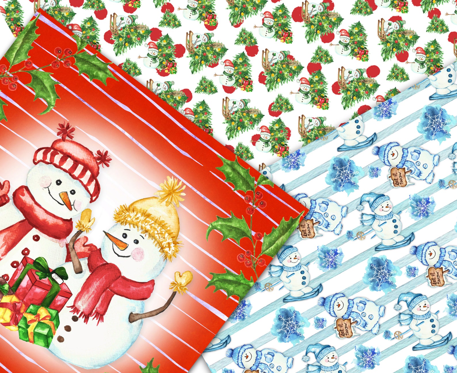 Christmas Snowman Paper Pack. Snowmen Background Watercolor. Christmas ...