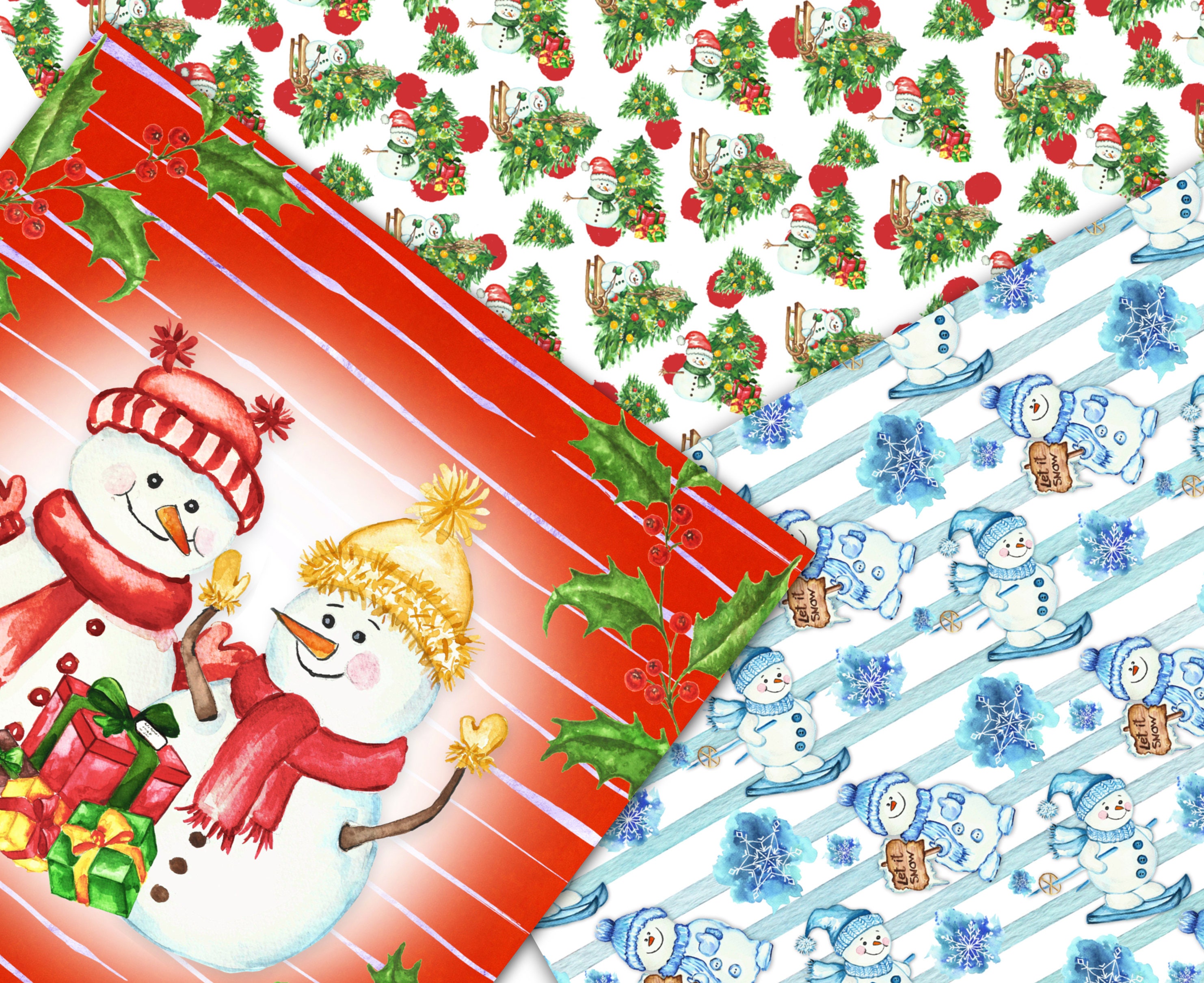 Christmas Snowman Paper Pack. Snowmen Background Watercolor. Christmas ...