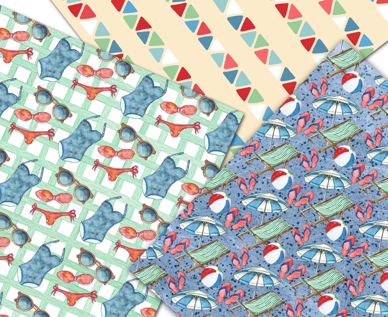 Summer Watercolor Paper. Paper Pack Vacation. Beach Paper Blue Red ...