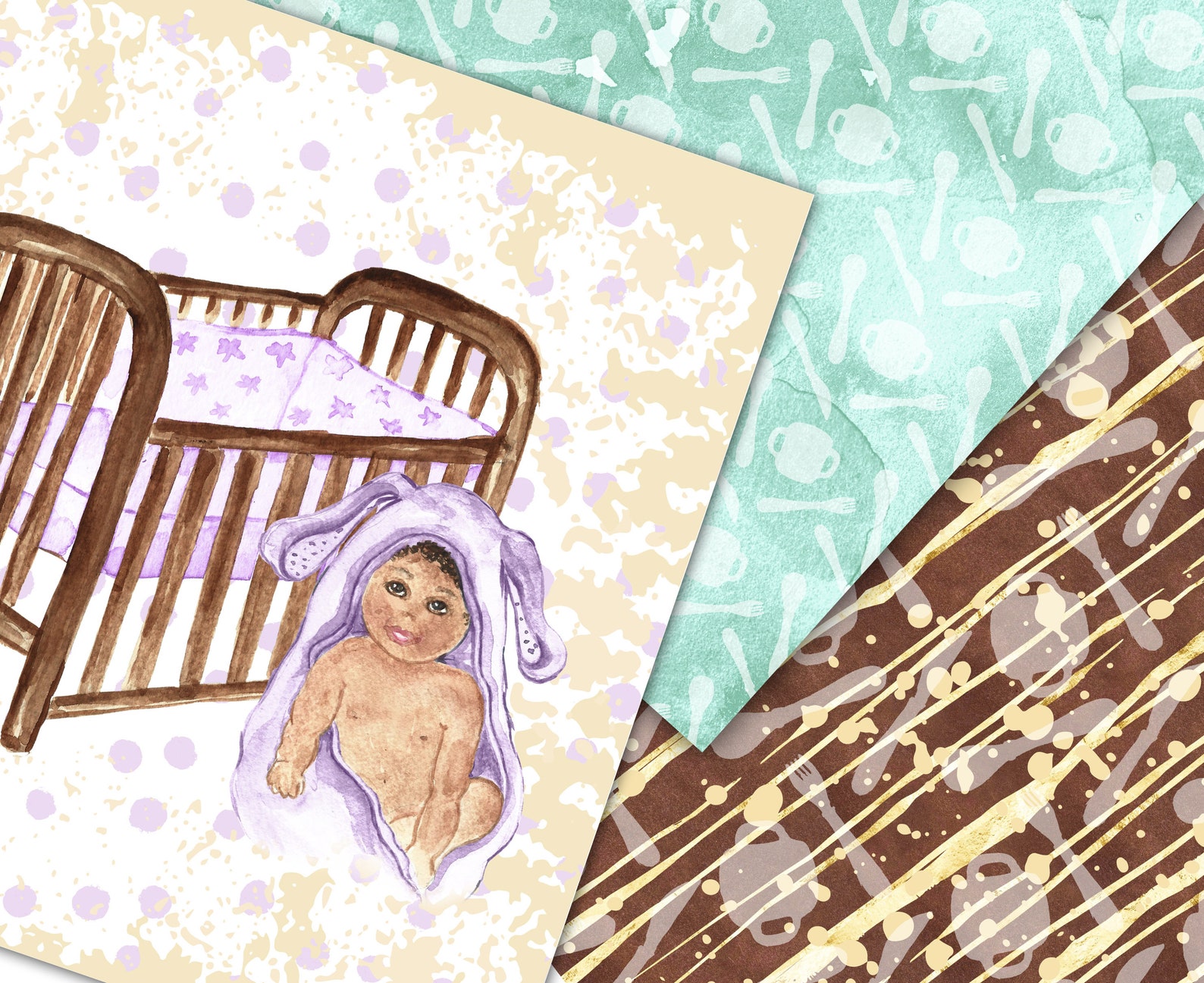 Baby Shower Paper Pack. Nursery Background. African American Baby Paper ...