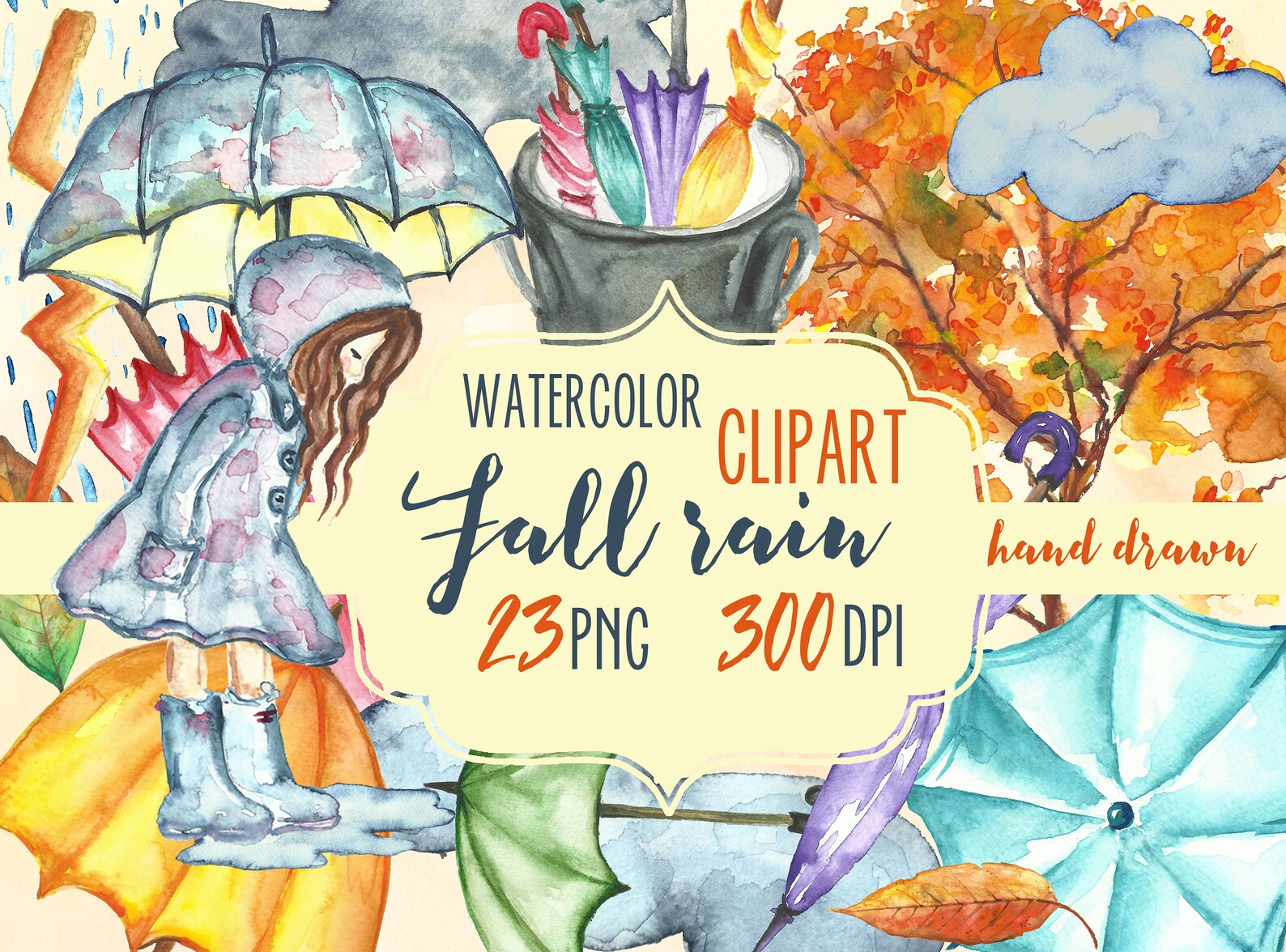 Fall Rain Clipart Watercolor. Watercolor Umbrellas Clip Art. Autumn ...