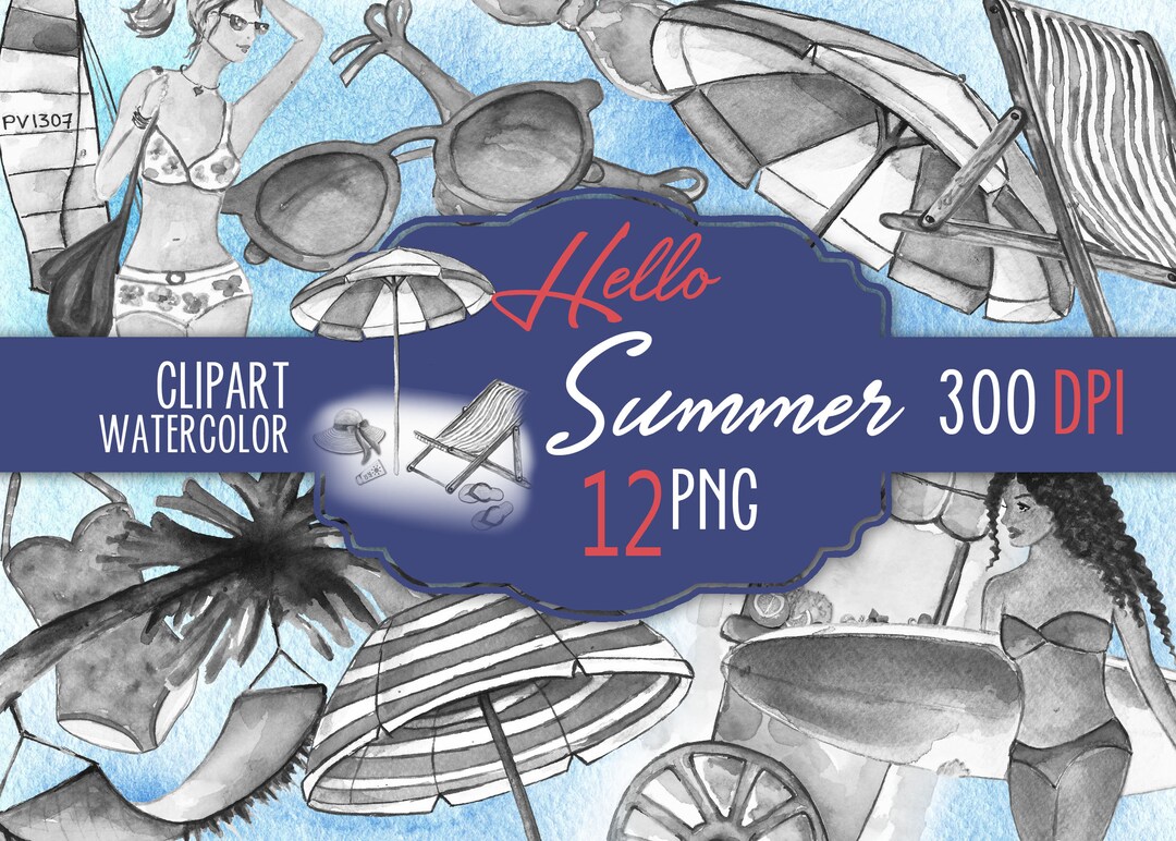 Watercolor Summer Clip Art Black and White . Beach Clipart Set ...