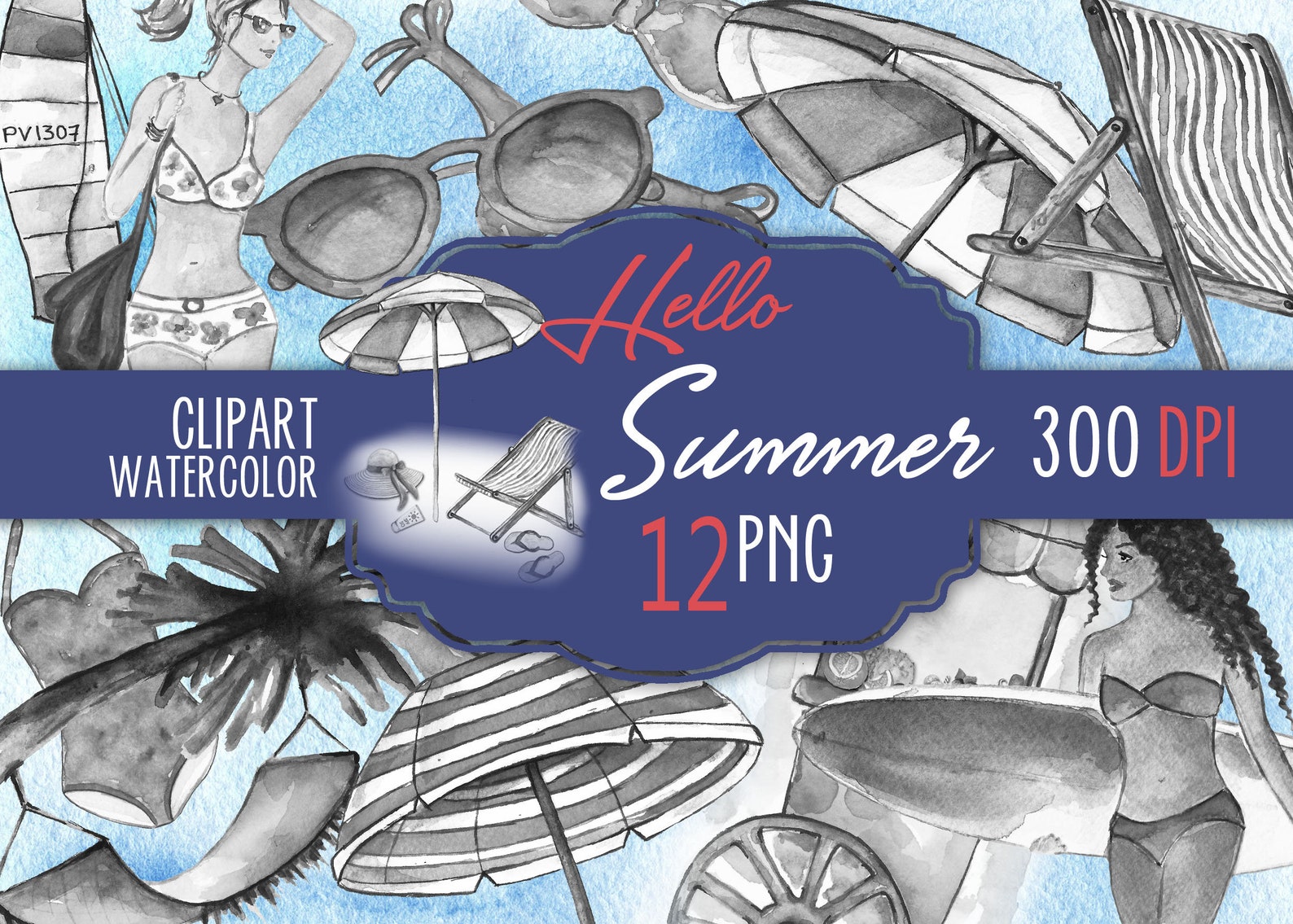 Watercolor Summer Clip Art Black and White . Beach Clipart Set ...