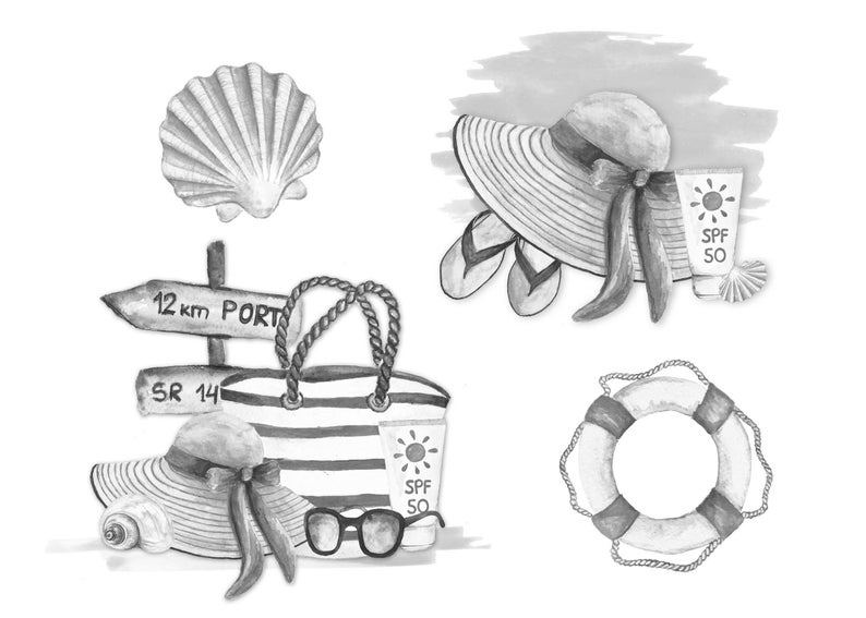 Summer & Beach Black and White Watercolor Clipart, Summer Clip Art ...