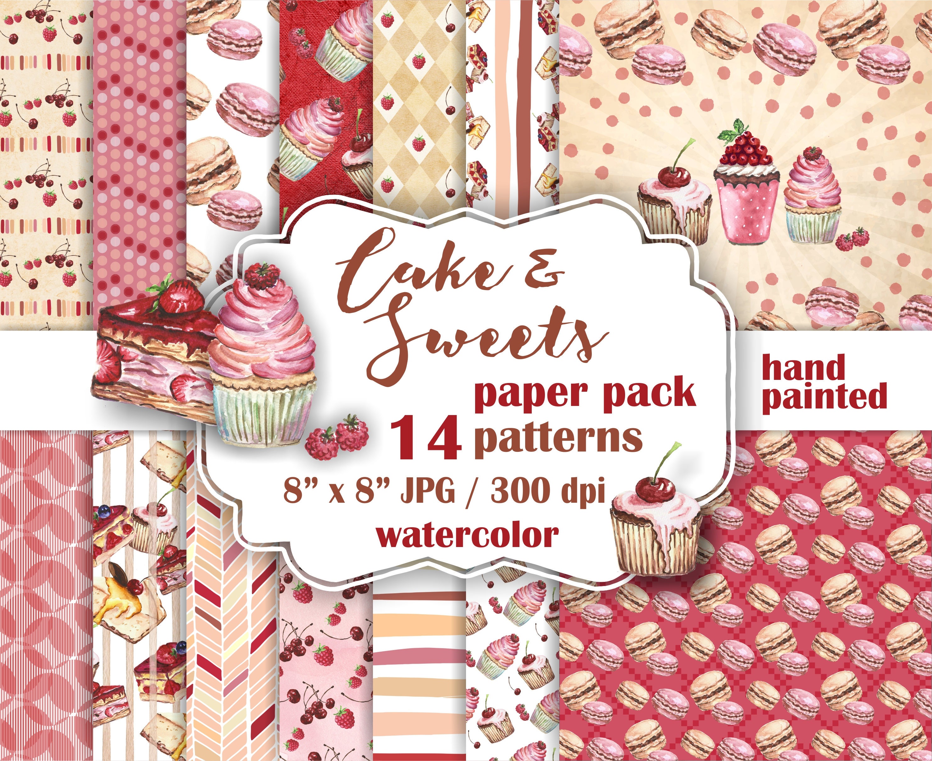 Cake Paper Pack Watercolor. Digital Paper Cupcake. Sweets - Etsy