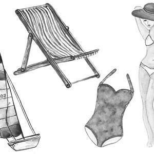 Watercolor Summer Clip Art Black and White . Beach Clipart Set ...