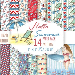 Summer Watercolor Paper. Paper Pack Vacation. Beach Paper Blue Red ...