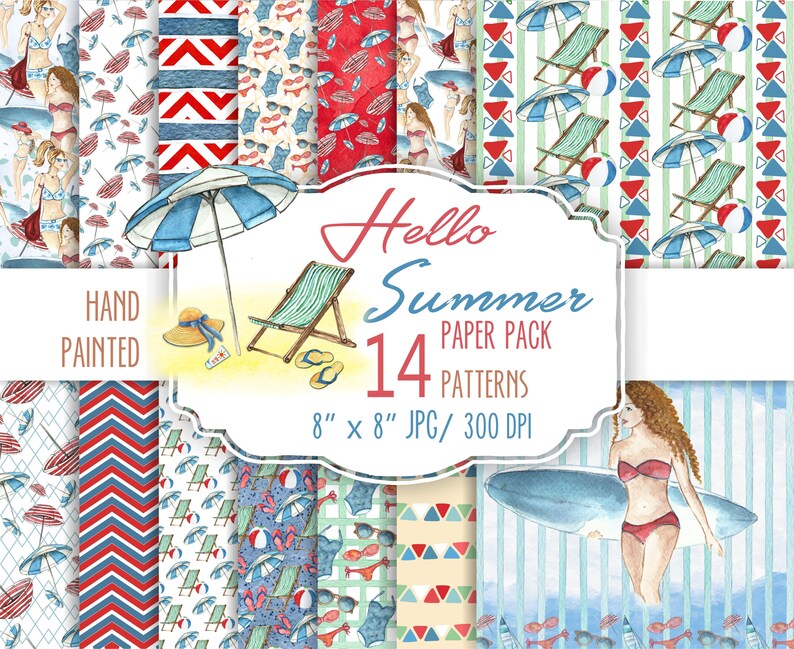 Summer Watercolor Paper. Paper Pack Vacation. Beach Paper Blue Red ...