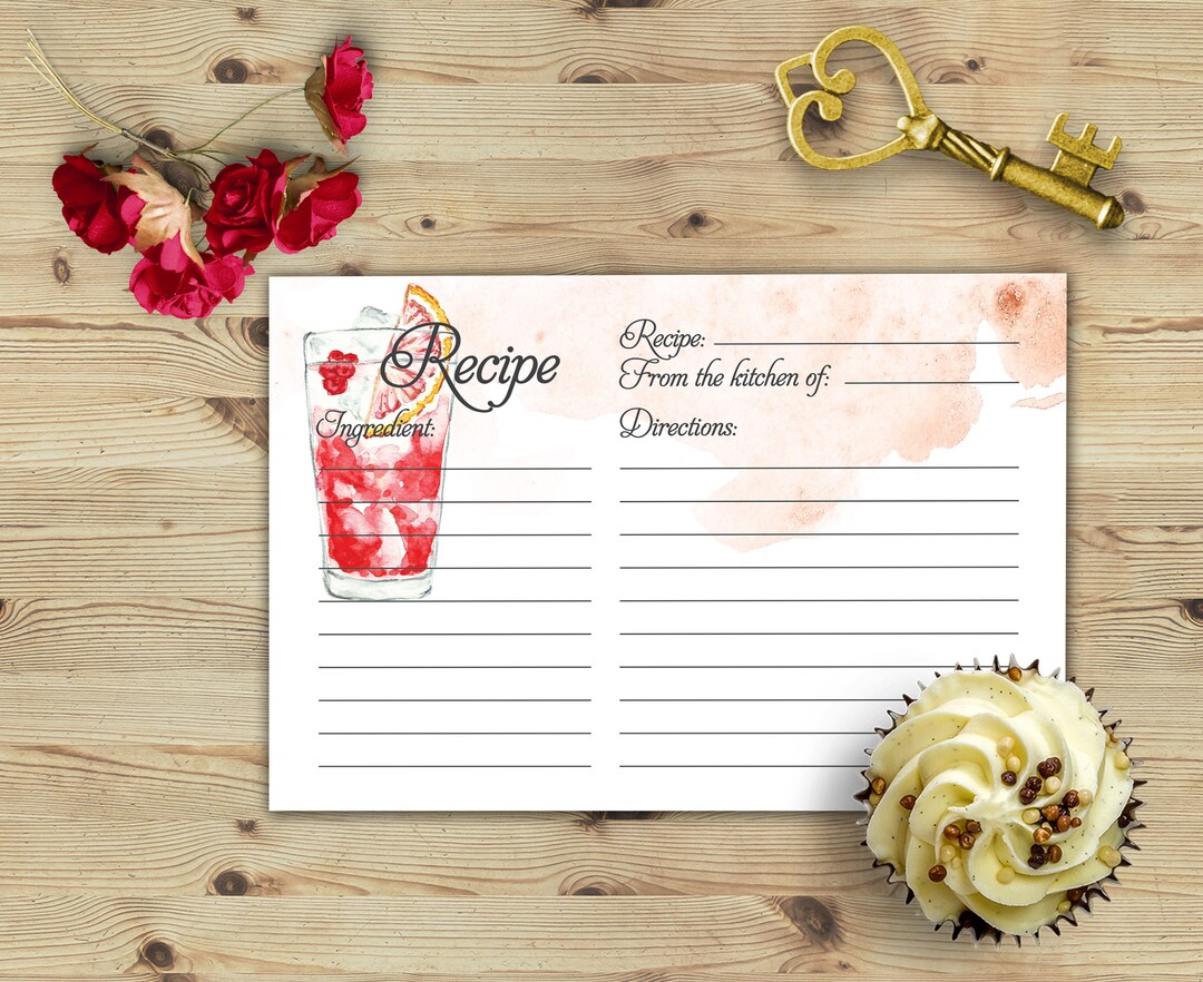 Recipe Card Printable Instant Download Recipe Card Watercolor Cocktails ...