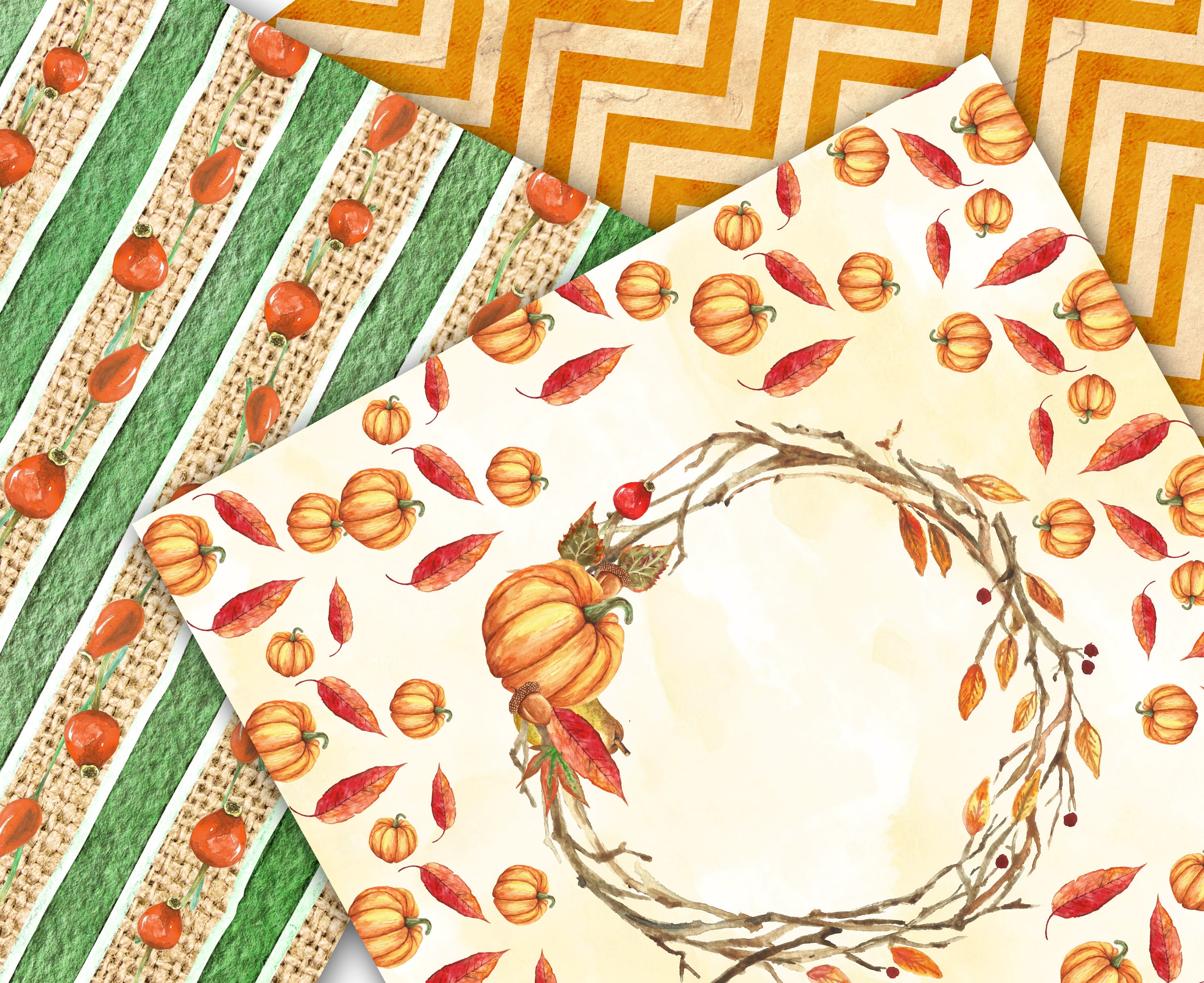 Fall Paper Pack. Autumn Digital Paper Hand Painted. Fall Leaves Pumpkin ...