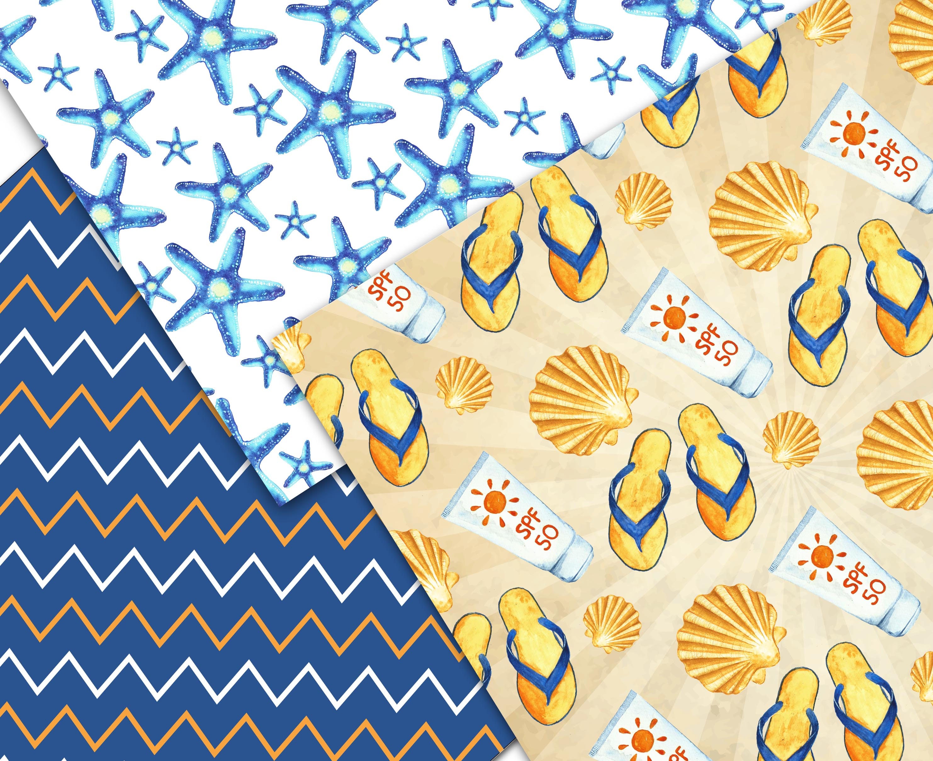 Summer Beach Paper Pack. Summer Digital Paper Blue Orange. Scrapbook ...