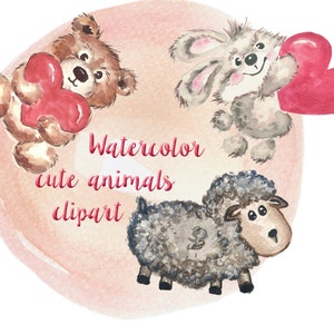 Watercolor Animals Clipart, Valentine Cute Animals Clipart. - Etsy