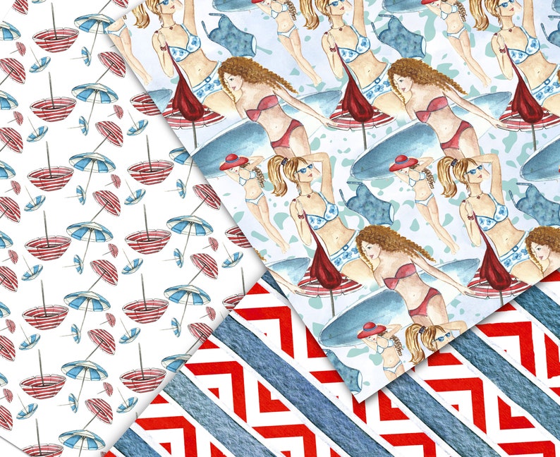 Summer Watercolor Paper. Paper Pack Vacation. Beach Paper Blue Red ...