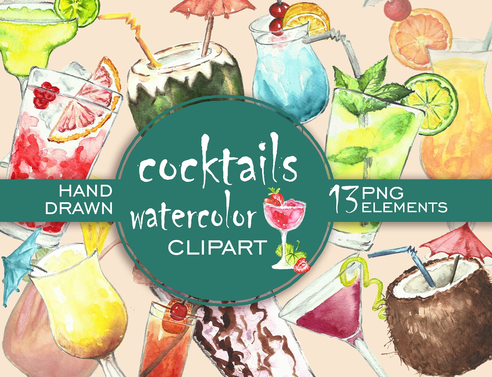 Cocktails Watercolor Clipart. Watercolor Drinks Clip Art. Watercolor ...