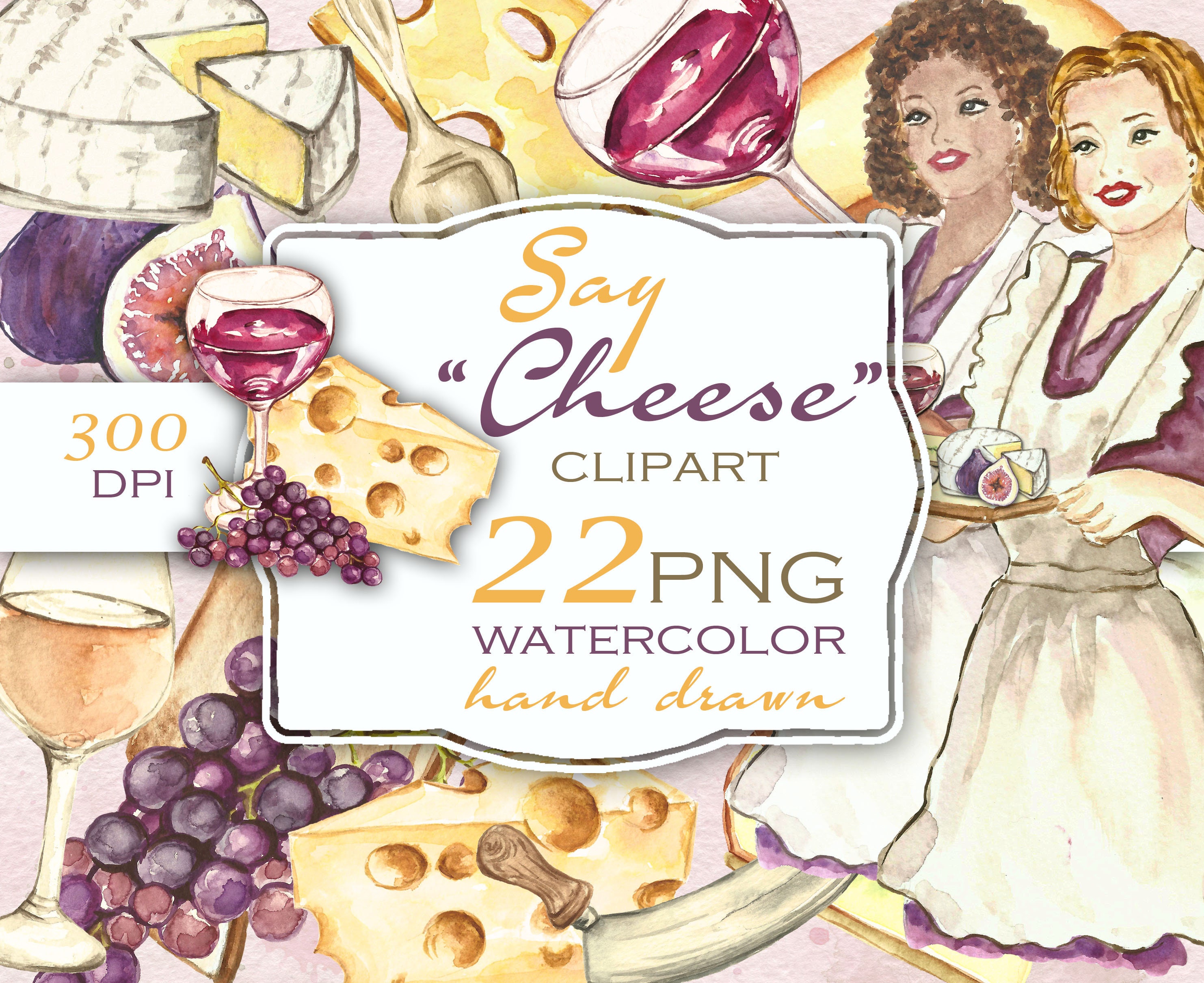 Wine and Cheese Clipart. Hand Painted Watercolor Wine Cheese Grapes ...