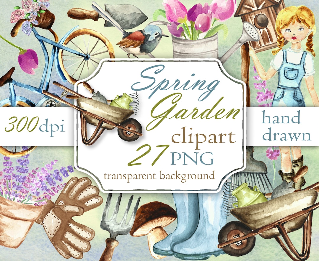 Spring Garden Watercolor Clipart. Garden Tools Clip Art. Spring Flowers ...