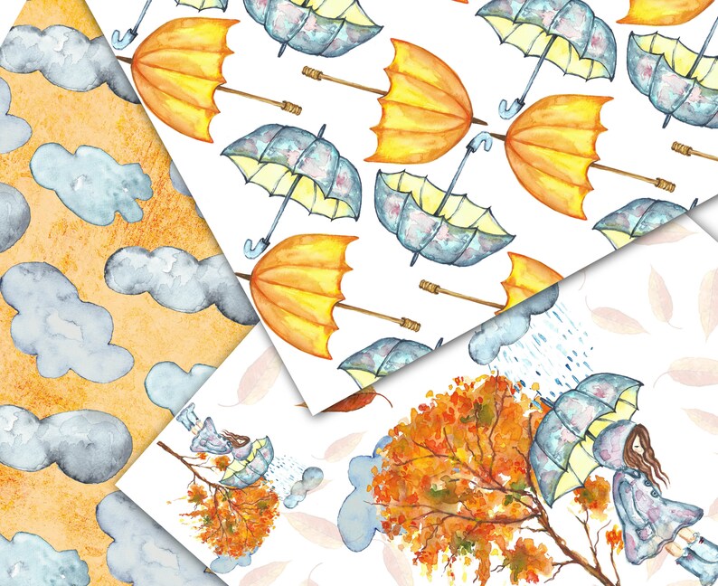 Fall Rain Paper Pack. Autumn Digital Paper Hand Painted. Umbrella ...