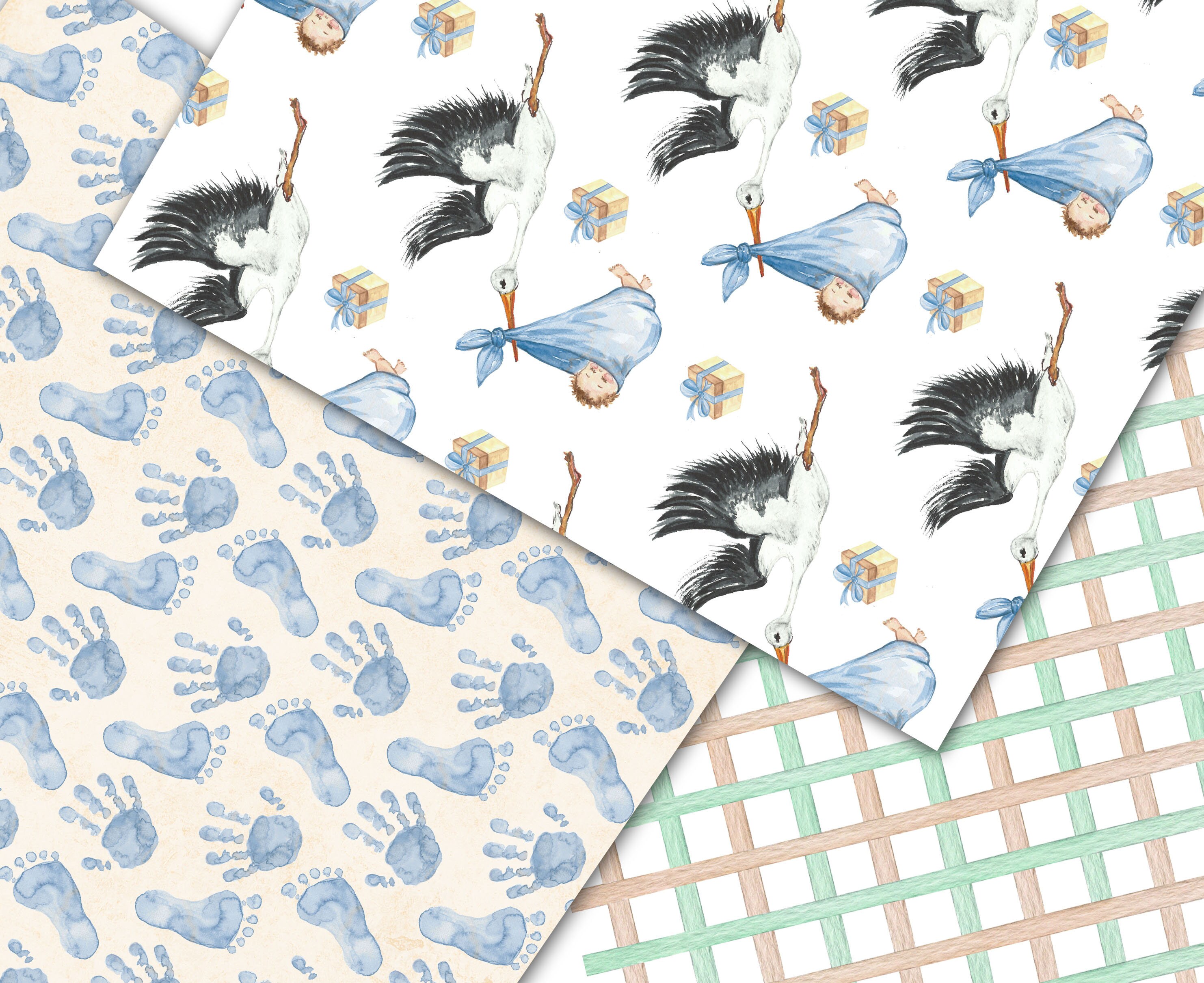 Baby Boy Paper Pack. Watercolor Baby Digital Paper. Baby Patterns Blue ...