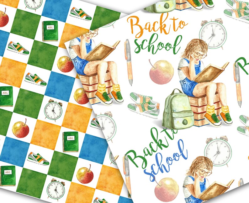 School Paper Pack. Books Digital Paper Hand Painted. School Watercolor ...