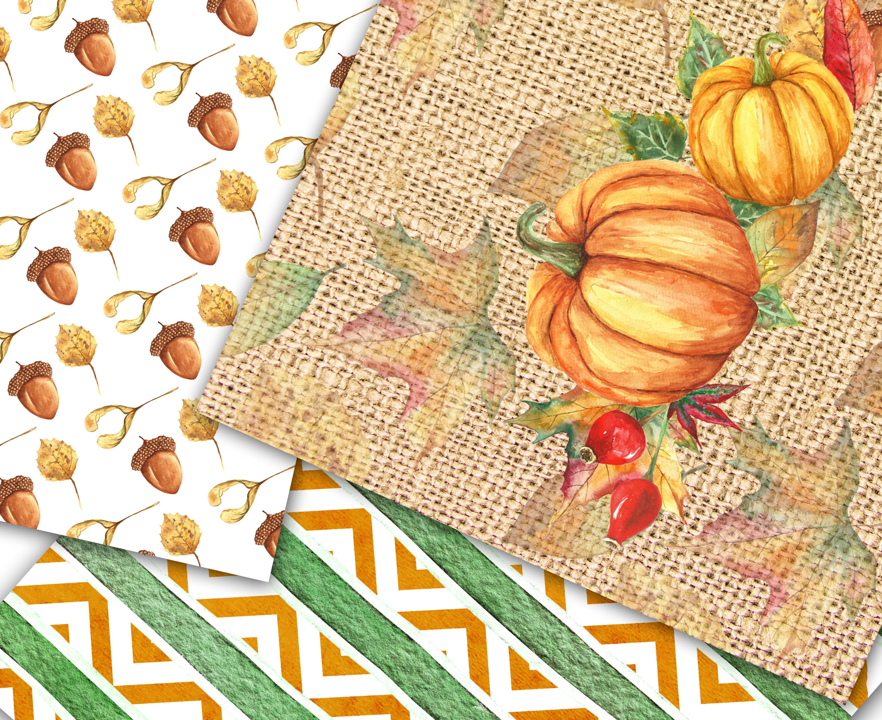 Fall Paper Pack. Autumn Digital Paper Hand Painted. Fall Leaves Pumpkin ...