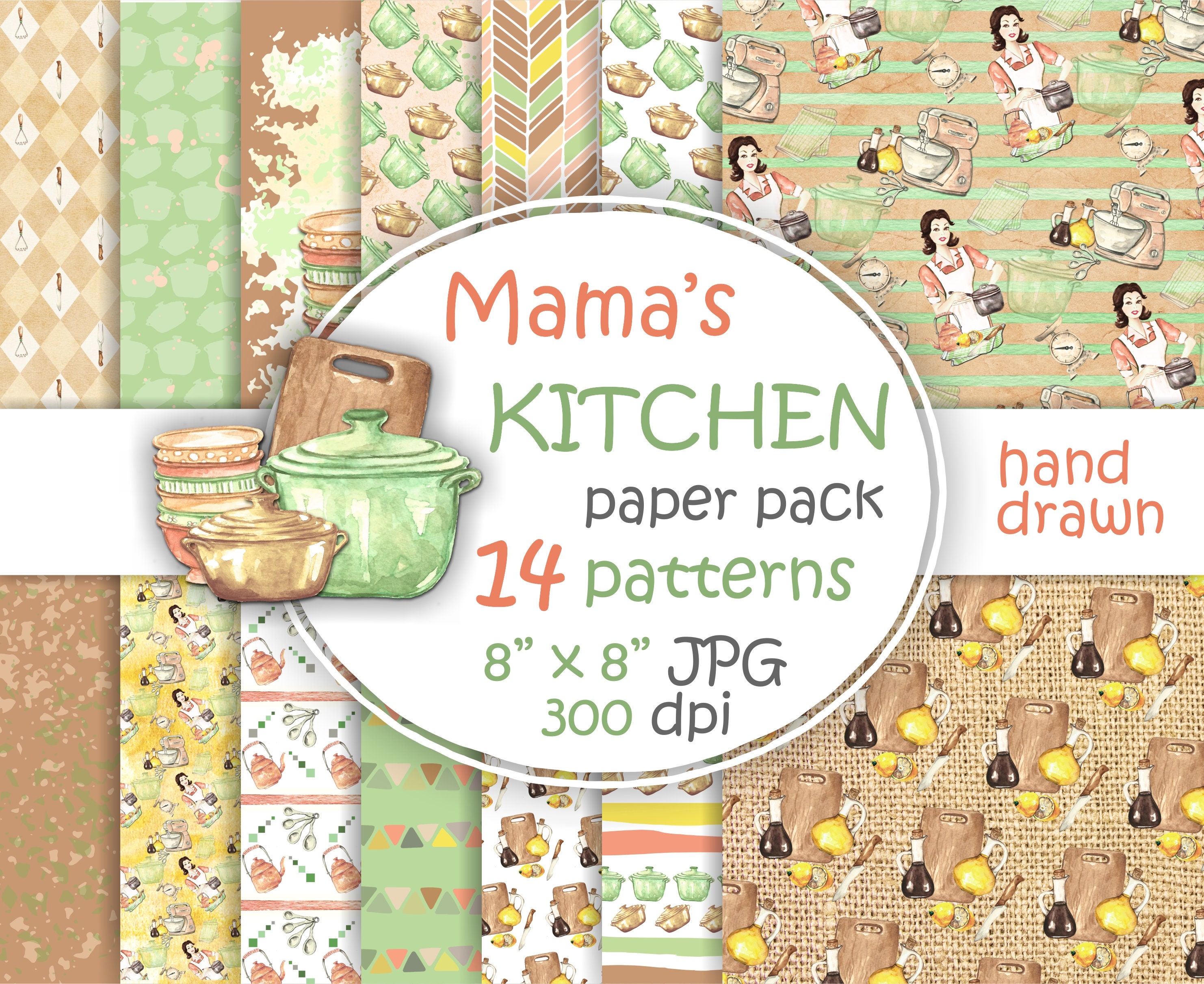 Kitchen Digital Paper Watercolor. Mama's Kitchen Paper Pack. Cooking ...