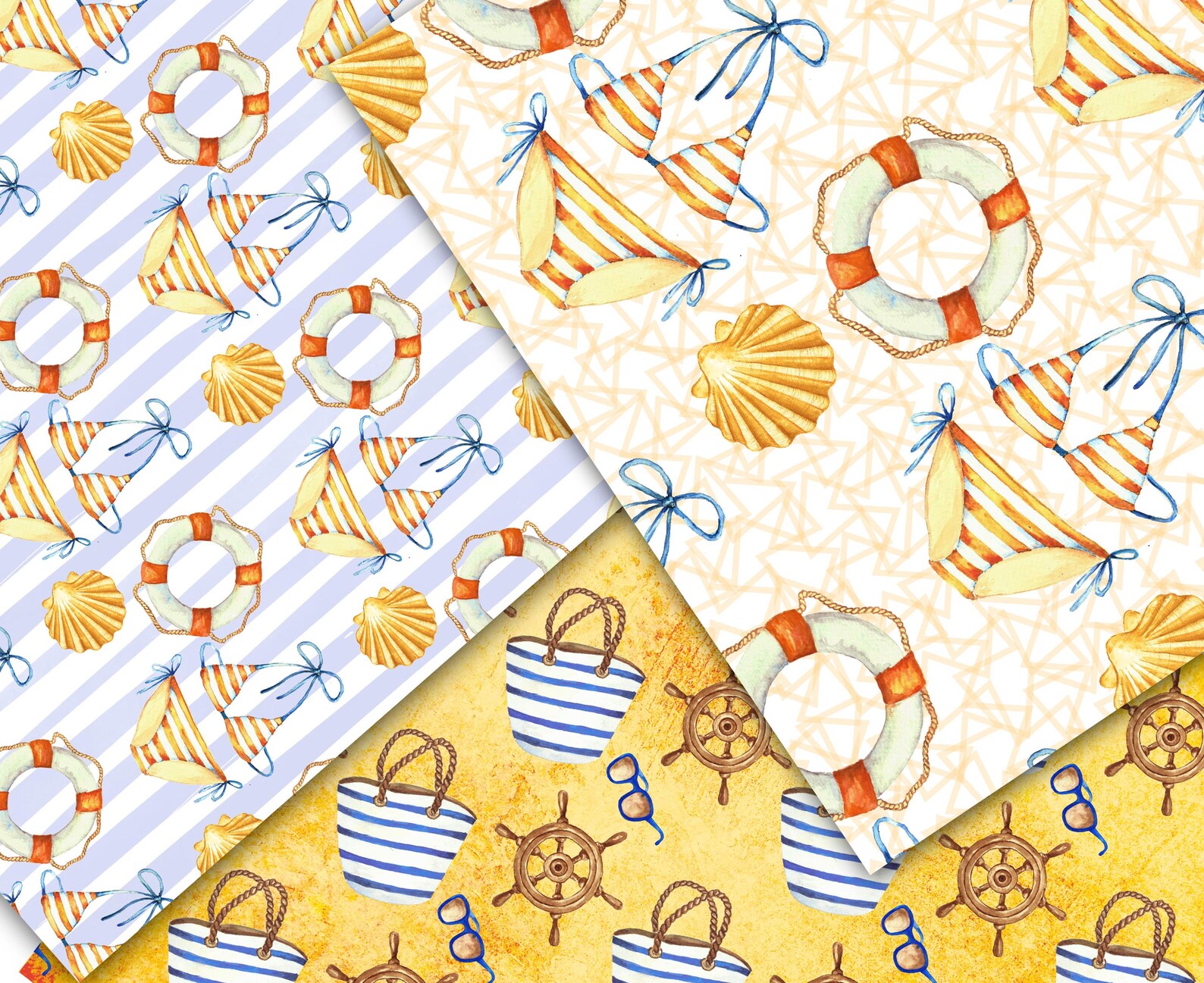 Summer Beach Paper Pack. Summer Digital Paper Blue Orange. Scrapbook ...