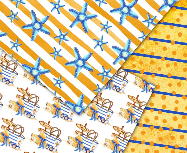 Summer Beach Paper Pack. Summer Digital Paper Blue Orange. Scrapbook ...