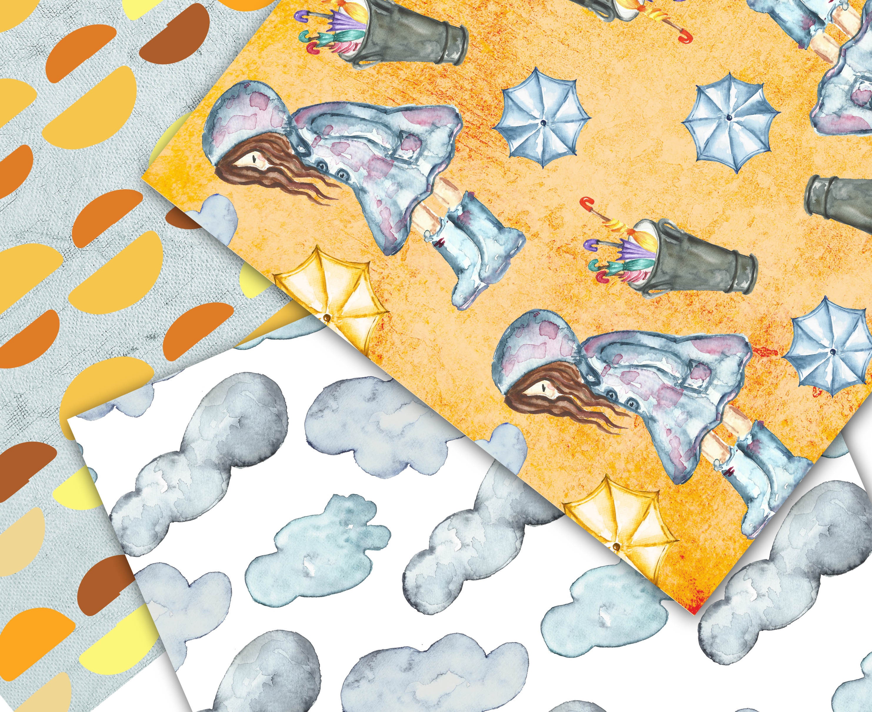 Fall Rain Paper Pack. Autumn Digital Paper Hand Painted. Umbrella ...