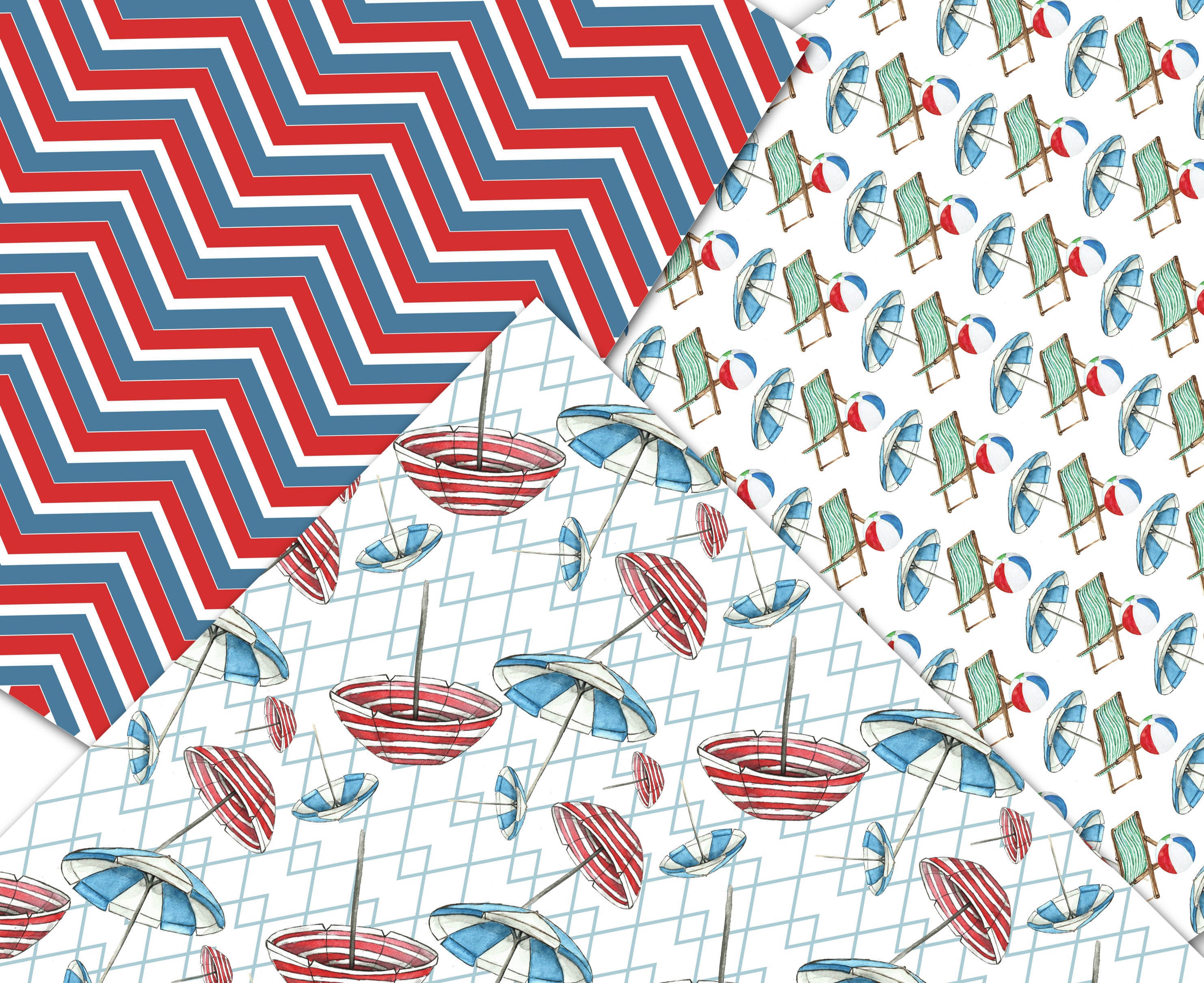 Summer Watercolor Paper. Paper Pack Vacation. Beach Paper Blue Red ...