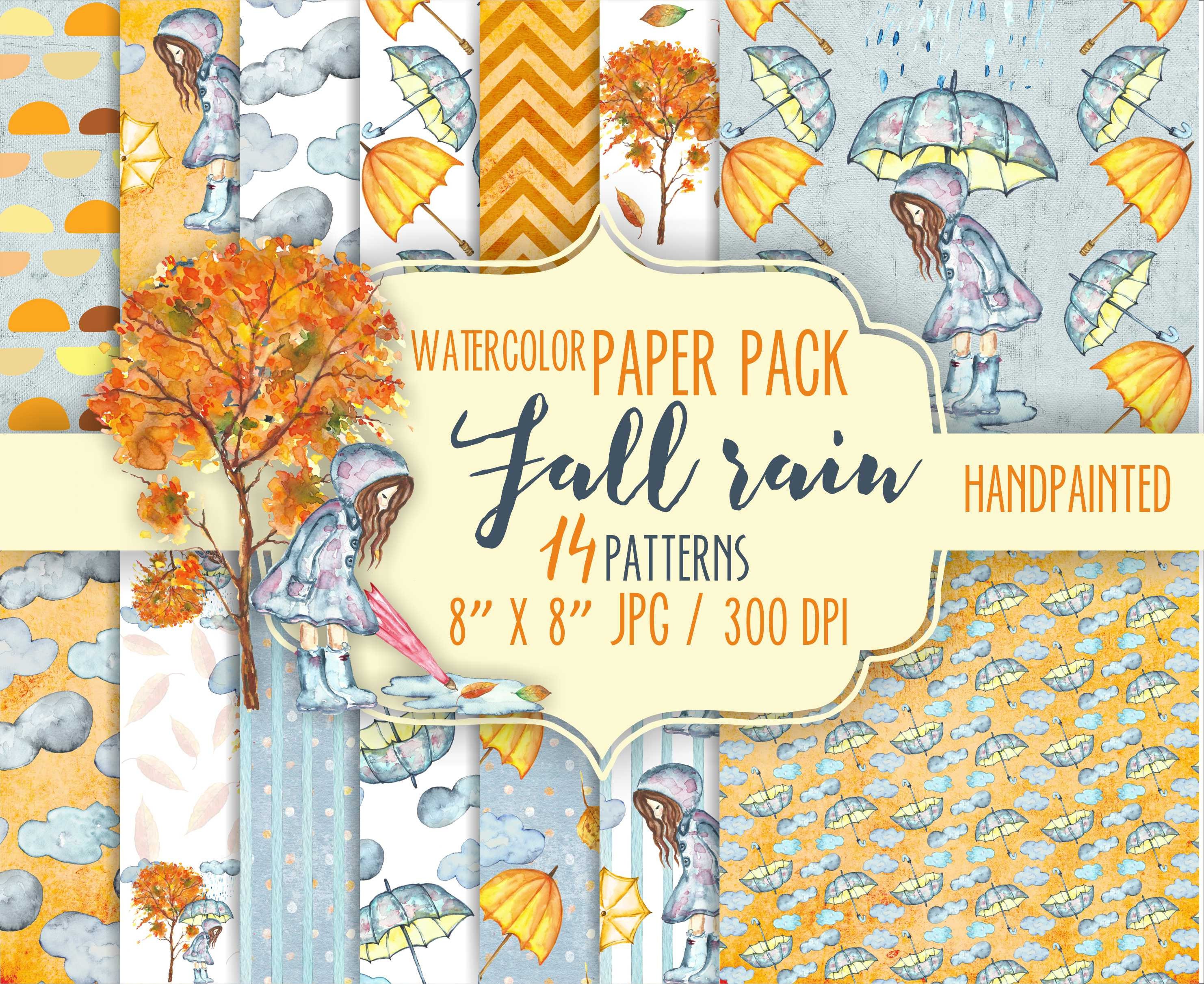 Fall Rain Paper Pack. Autumn Digital Paper Hand Painted. Umbrella ...