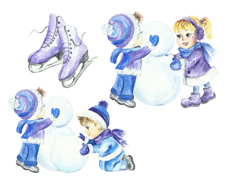 Winter Clipart Watercolor. Winter Clip Art Blue and Purple. Watercolor ...