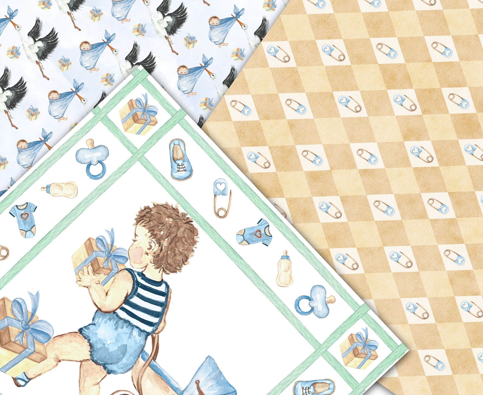 Baby Boy Paper Pack. Watercolor Baby Digital Paper. Baby Patterns Blue ...