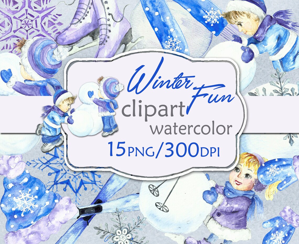 Winter Clipart Watercolor. Winter Clip Art Blue and Purple. Watercolor ...