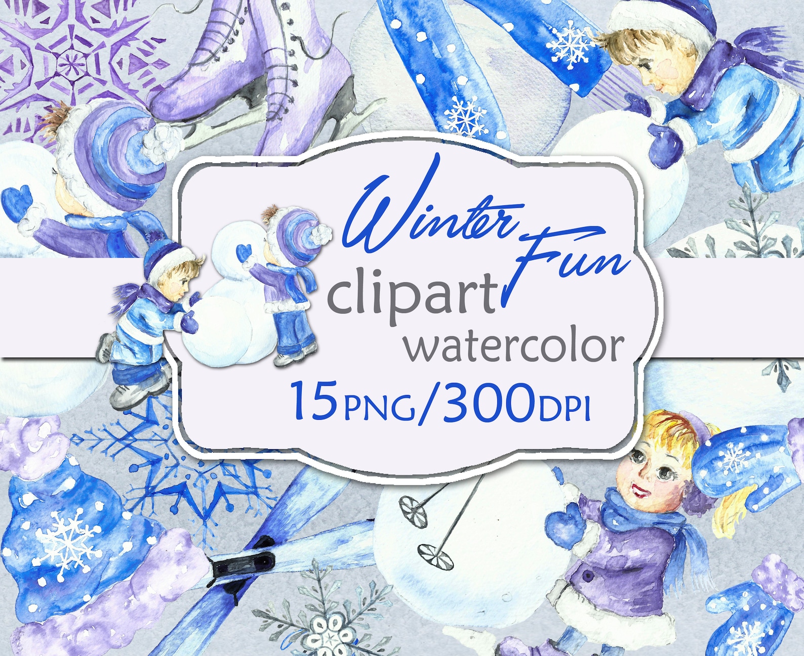 Winter Clipart Watercolor. Winter Clip Art Blue and Purple. Watercolor ...
