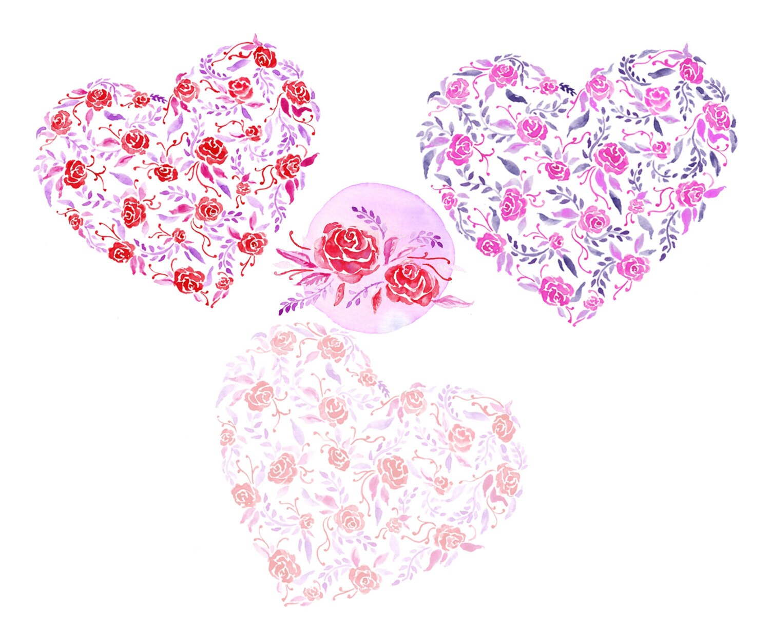 Watercolor Valentine's Clipart. Hearts Clipart, Love Clipart, Red, Pink ...