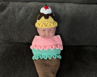 Crochet (0-1M) Baby Ice Cream Cone Cocoon Set, Photo Prop Baby Gift - Etsy