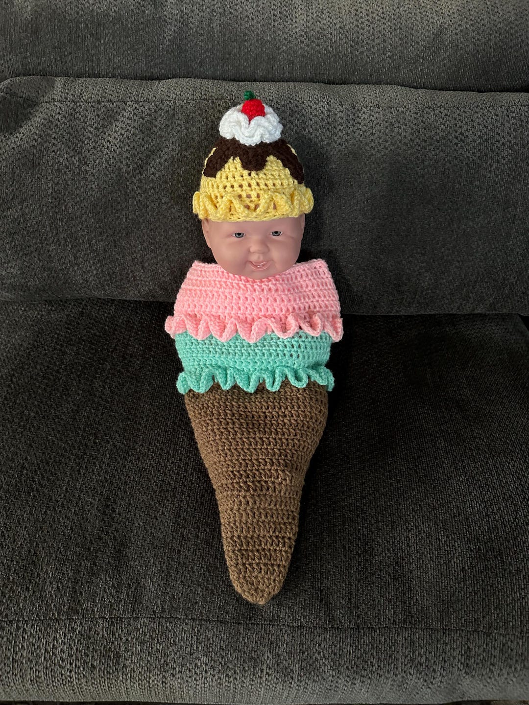 Crochet (0-1M) Baby Ice Cream Cone Cocoon Set, Newborn Photo Prop ...