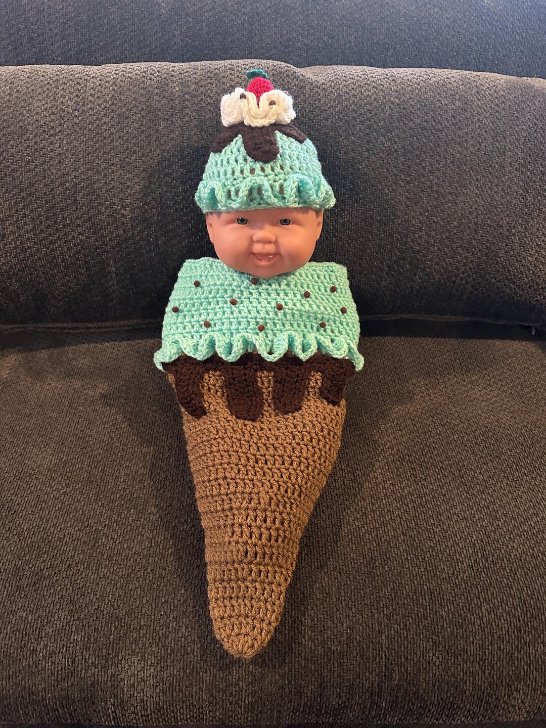 Crochet NB (0-1 Month) Baby Ice Cream Cocoon Set, Baby Gift, Photo Prop ...