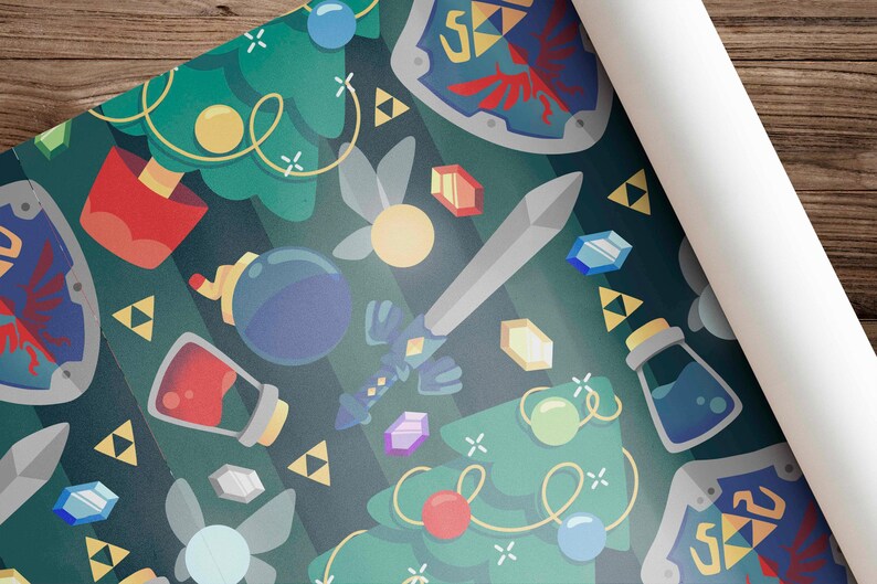 Zelda Inspired Wrapping Paper, Legend of Holiday Cheer Sword and Shield ...