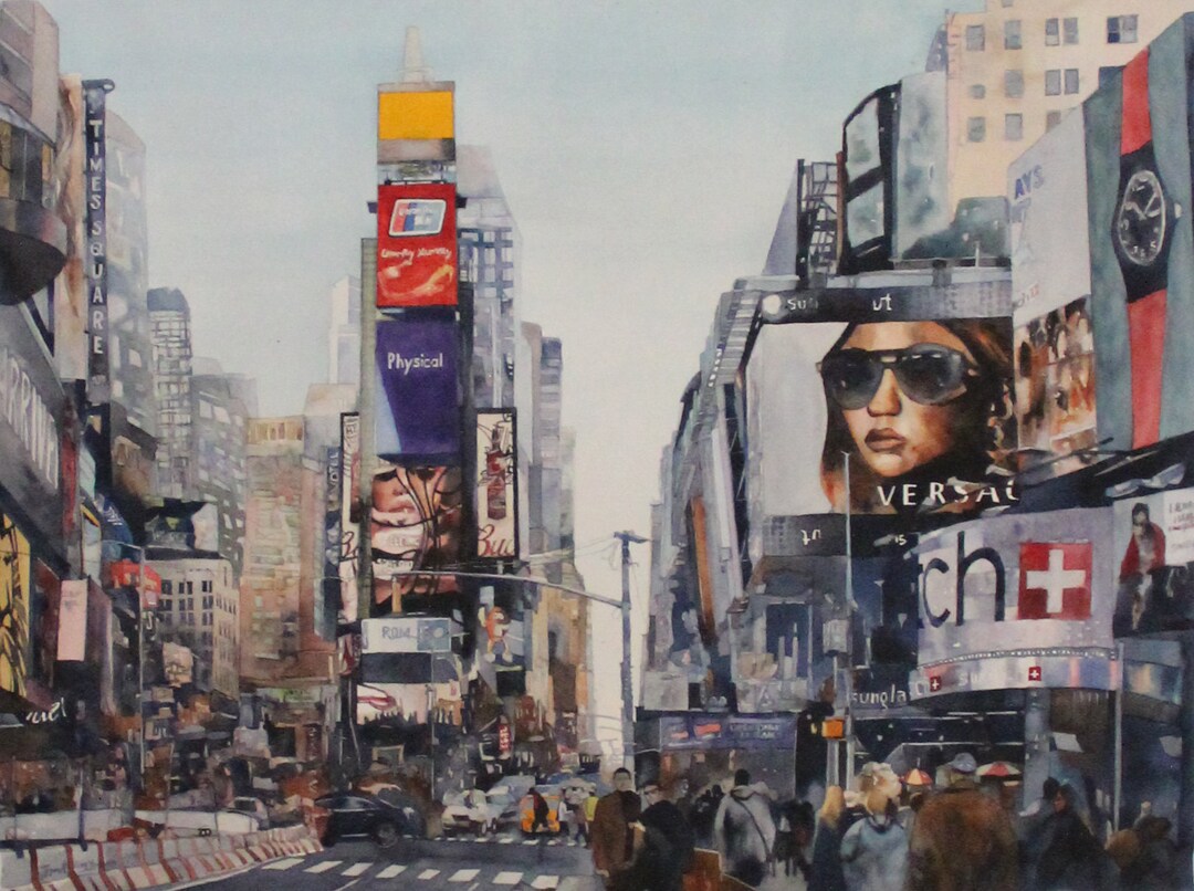 Evening at Times Square Watercolor Art Print - Etsy