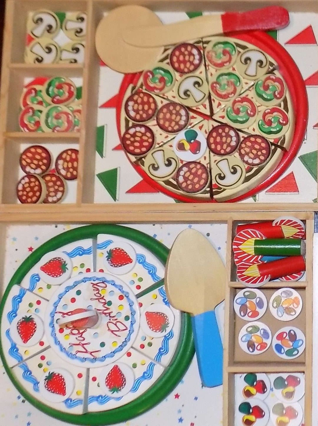 Bundle Lot Wooden Melissa and Doug Pizza, Birthday Party Food Play Sets ...